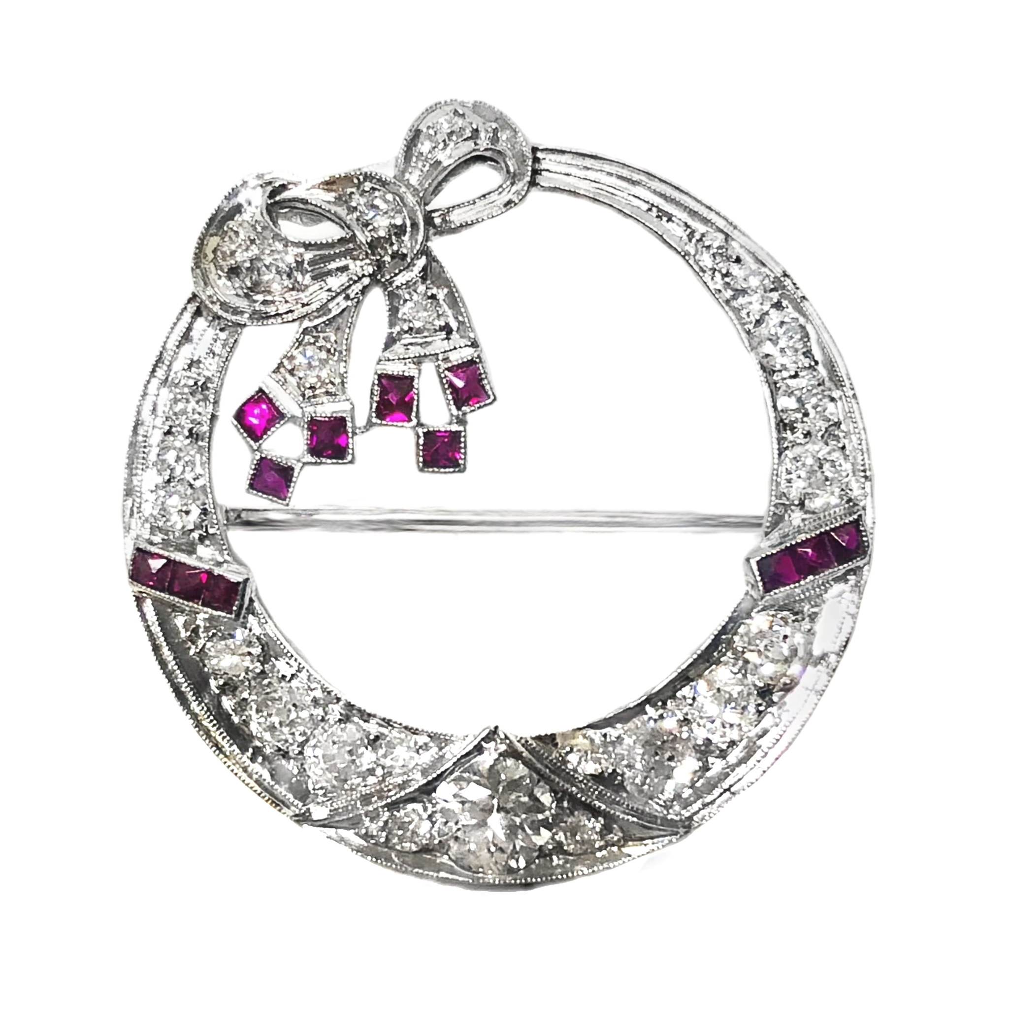 Platinum Art Deco Vintage Diamond And Ruby Bow Circle Pin Argo And Lehne
